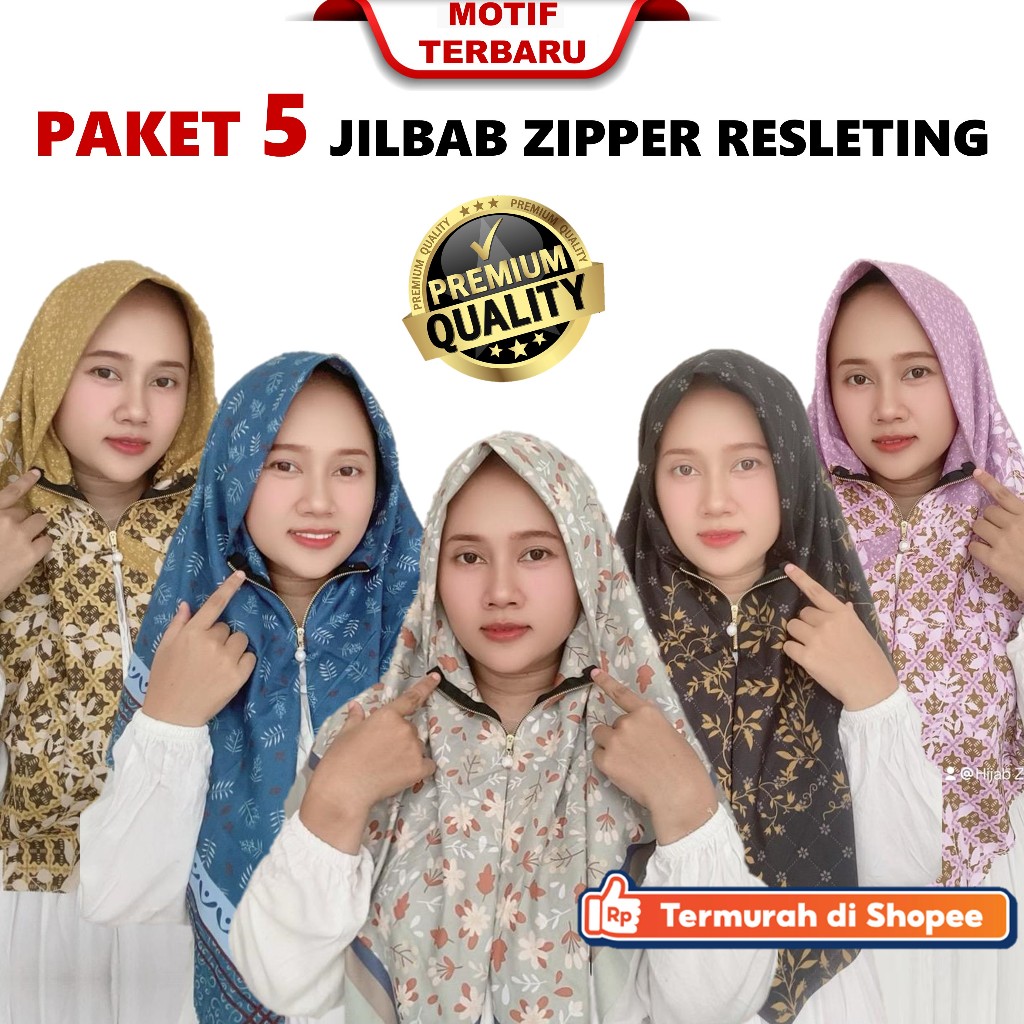 Jual Paket 5 Jilbab Zipper Resleting Ori By Azara Hijab Ziper Segiempat ...