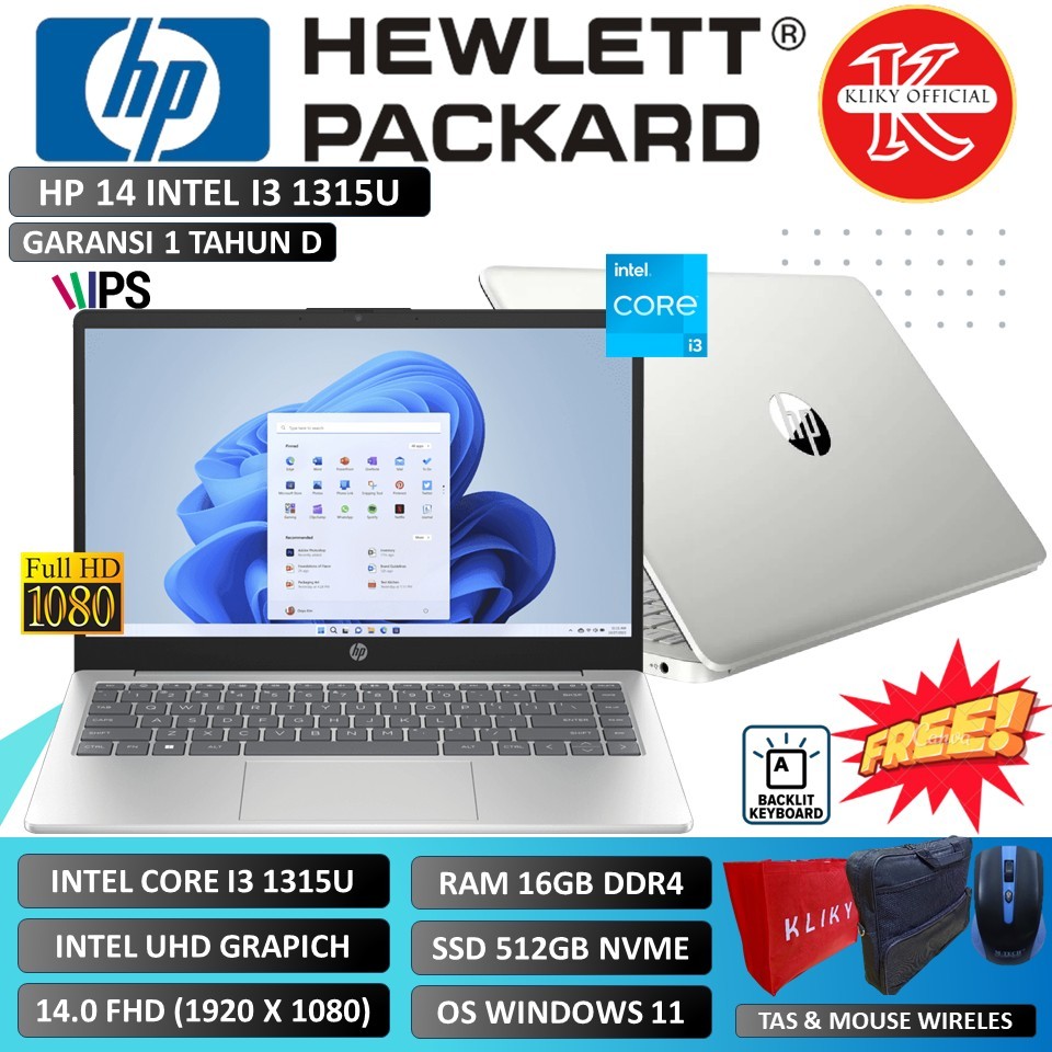 Jual Laptop Kerja HP 14 intel i3 1315U 16GB 512GB SSD Layar IPS Silver ...