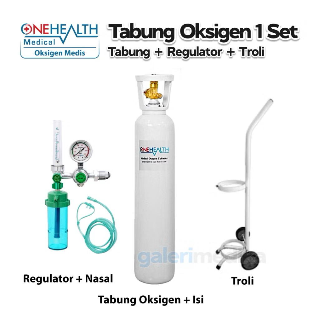 Jual Set Tabung Oksigen 1m3 (6,7 L) include Trolley dan Regulator Onehealth / Tabung Oksigen ...