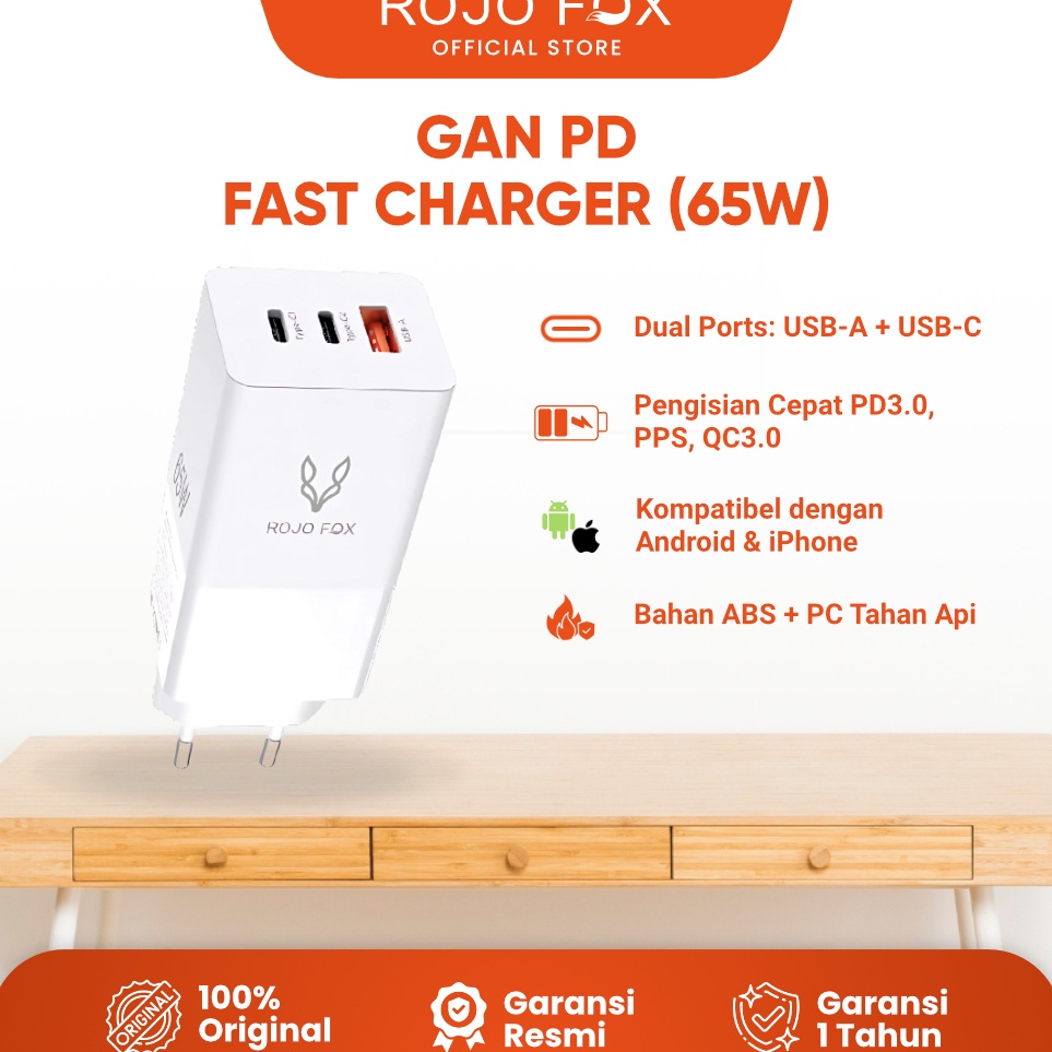 Jual KODE V76R ROJO FOX FC65G1 Charger 65W TypeC Fast Charging Kepala ...