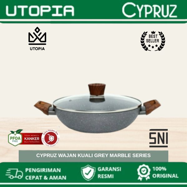 Jual Cypruz Wajan Kuali Anti Lengket Grey Marble Wok Pan Dengan Tutup Kaca | Shopee Indonesia