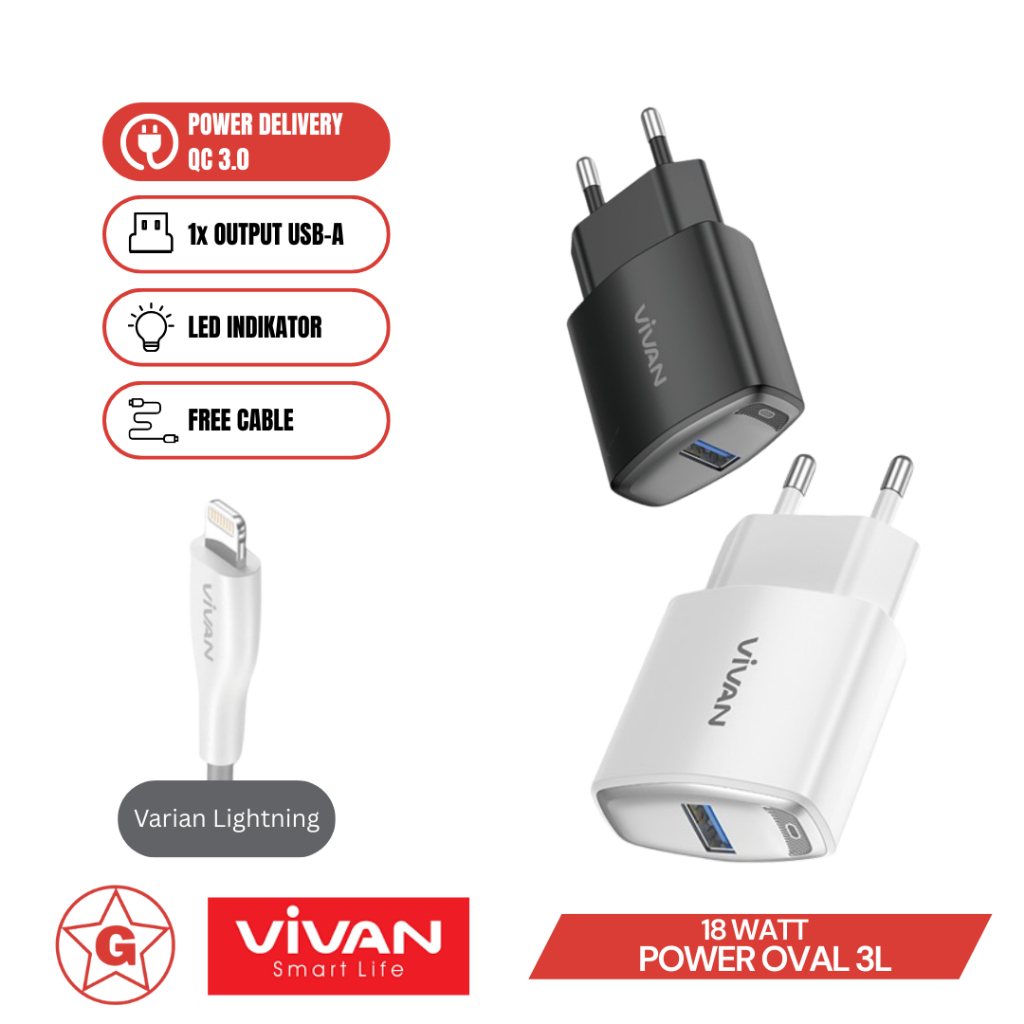 Jual Vivan Oval 3C /Power 20L | 30L Kepala Charger Kabel Data Lightning ...