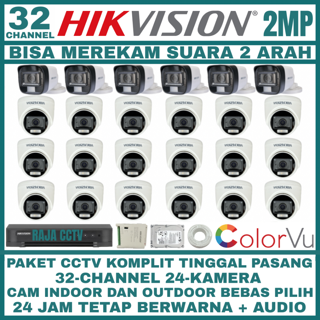 Jual paket cctv hikvision 2mp colorvu fullcolor 32 channel 24 camera ...