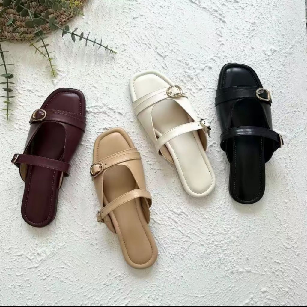 Jual Sandal Teplek Wanita Motif Gesper 2 Sendal Flat Cewek Kekinian ...