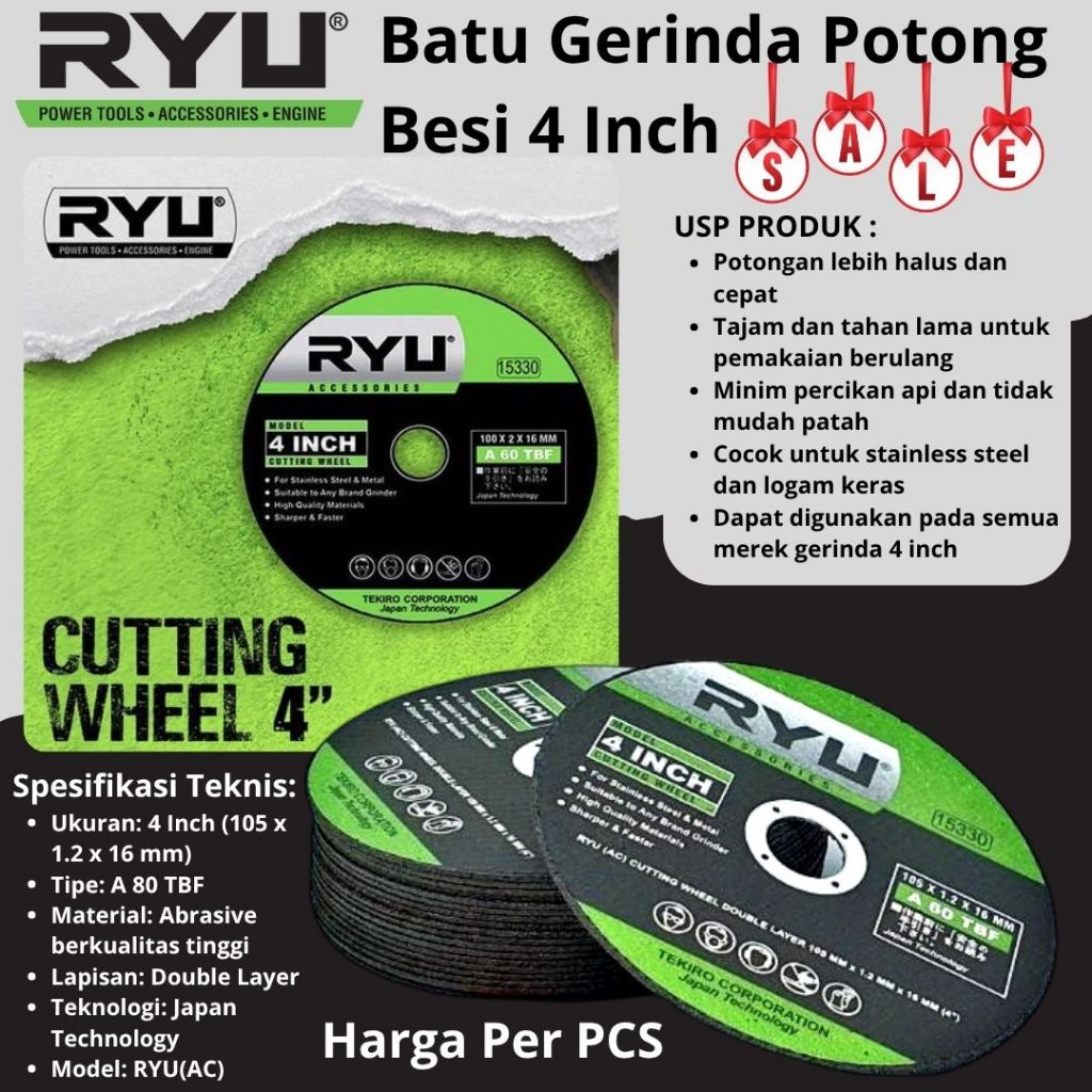 Jual RYU Batu Potong Besi 4 Inch x 1.2 Mata Gerinda Potong Besi Cutting ...