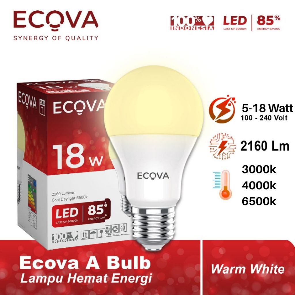 Jual GARANSI 2 TAHUN | ECOVA - Lampu A Bulb LED | Lampu Bohlam LED E27 | 6500K Putih | 4000K ...