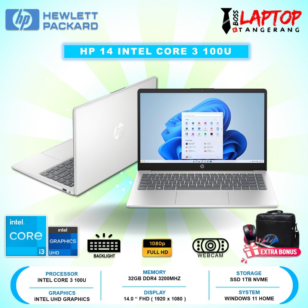 Jual laptop baru Hp 14 Slim Intel 3 100U 32GB 1TB SSD NVME 14 Inch FHD ...
