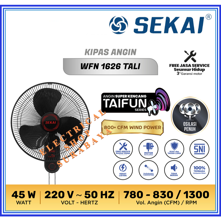 Jual SEKAI Kipas Angin Dinding Wall Fan Tornado 16 Inch WFN 1626 Taifun / WFN 1627 Taifun Tali ...