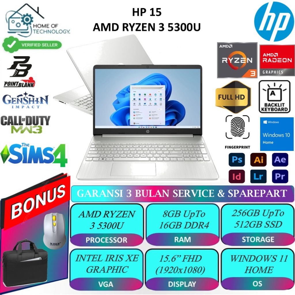 Jual Laptop Hp 15 AMD RYZEN 3 5300U 8GB 512GB 15.6 FHD Backlight ...