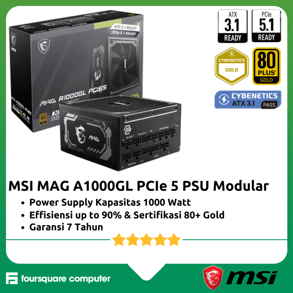 Jual MSI MAG A1000GL PCIe 5 PSU 1000 Watt Modular 80+ Gold | Cybenetics ...