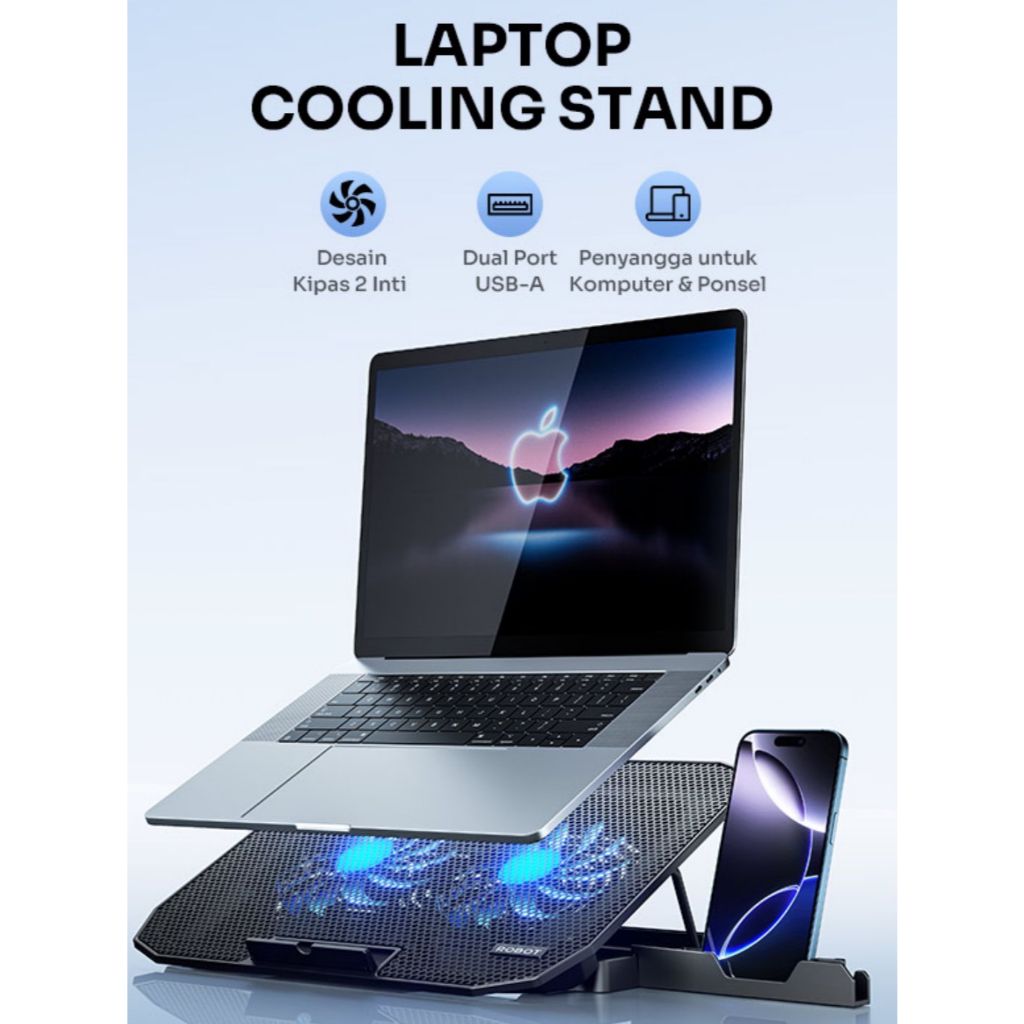 Jual ROBOT Silent Fan Design Cooling Pad Dual Fan Extra Phone Stand ...