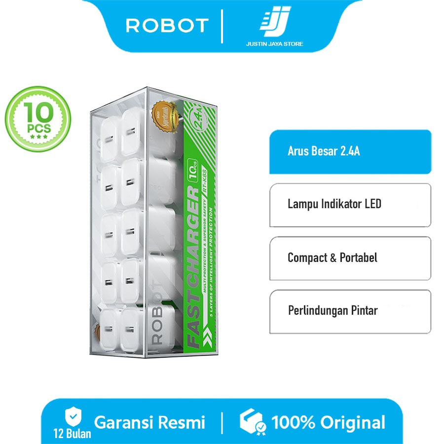 Jual [1 Kotak 10 Pcs] ROBOT Adaptor Kepala Charger 2.4A Lampu Indikator ...