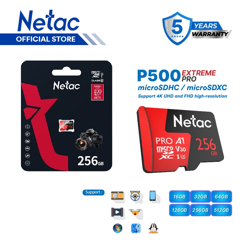Jual Netac MicroSDXC P500 Extreme Pro 256GB MicroSD Card V30/A1/U3 Class 10 up to 100MB/s Retail ...