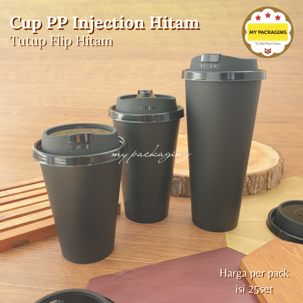 Jual Cup PP Injection Hitam + Tutup Flip Hitam 25 set (gelas + tutup ...