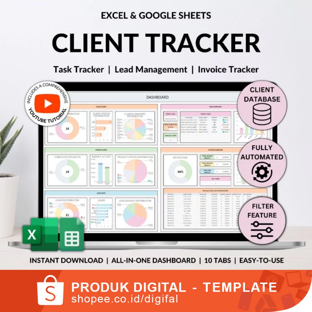 Jual Client Tracker Spreadsheet for Small Business w/ Task Tracker ...