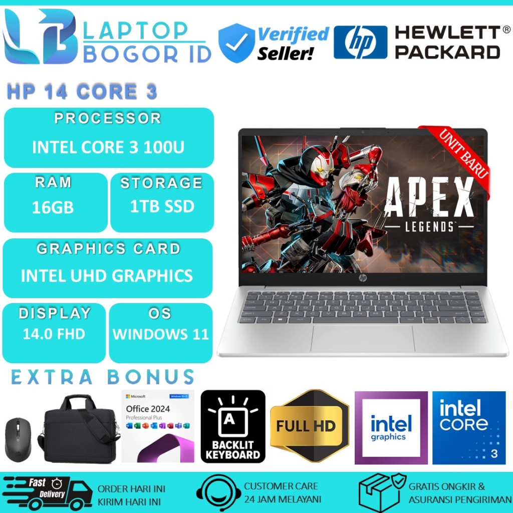 Jual Laptop HP 14 Intel core 3 100U 16GB RAM 1TB SSD FHD IPS Backlit ...