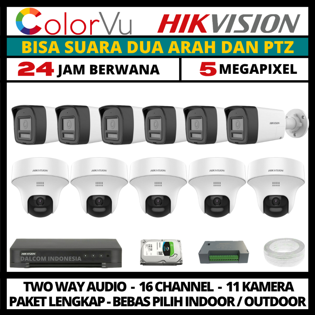 Jual PAKET CCTV HIKVISION COLORVU 5MP 16 CHANNEL 11 CAMERA PTZ TWO WAY ...