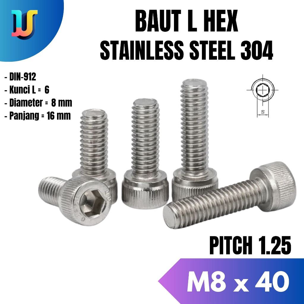 Jual Baut L Stainless M8x40 / Baut L Hex M8 x 40 SS304 / Hex Socket Screw Bolt M8x40 Allen ...