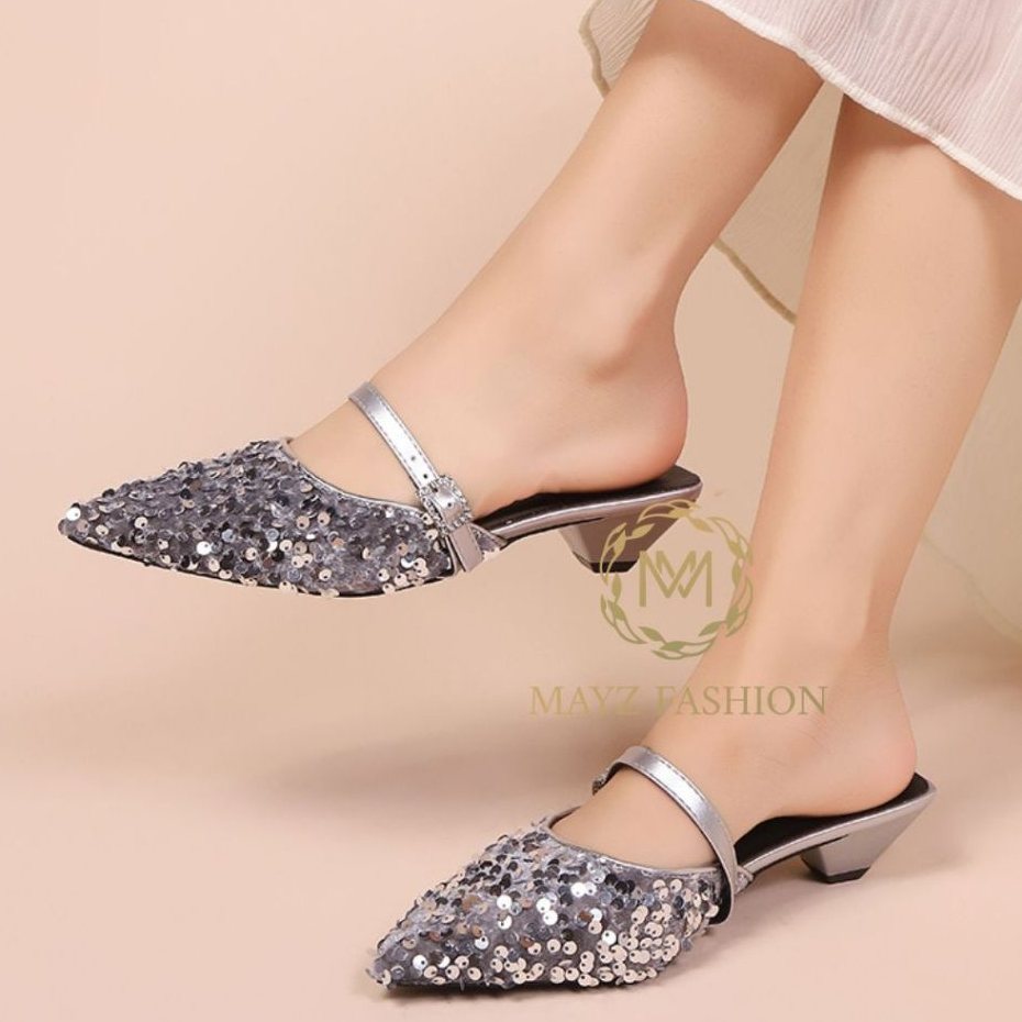 Jual Mules Heels Shoes Sepatu Pesta Silver Sequin Ujung Lancip Elegan ...