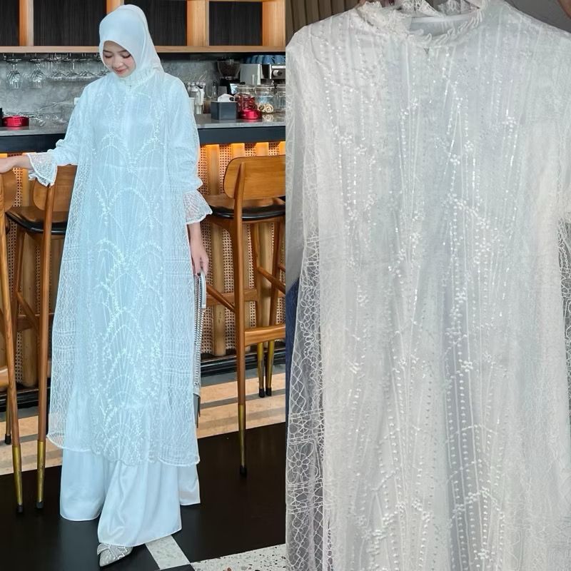Jual Zeze-Allea Dress Gamis Silk Brokat Premium Broken White Abaya Maxy Brukat Mewah Terbaru ...