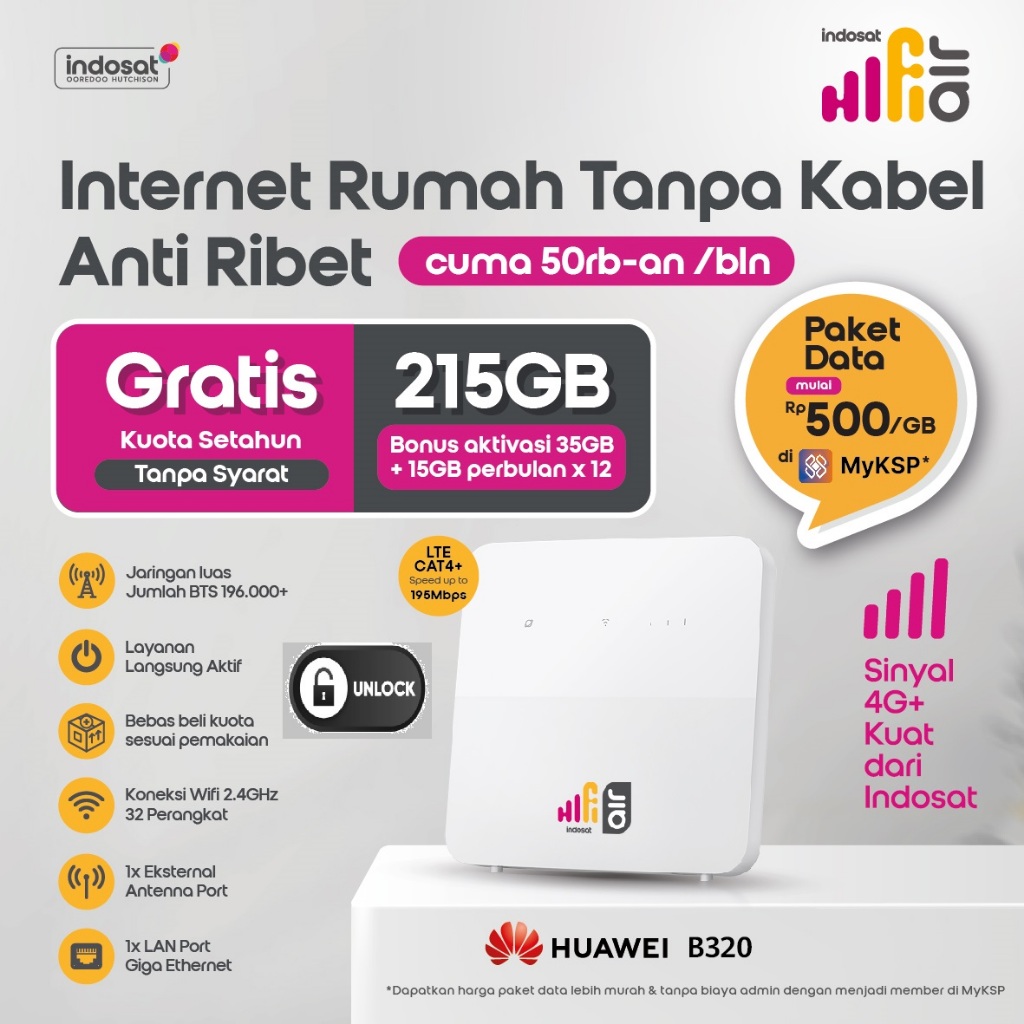 Jual Router Wifi 4G INDOSAT HiFi Air Huawei B320 Free Kuota 215GB ...