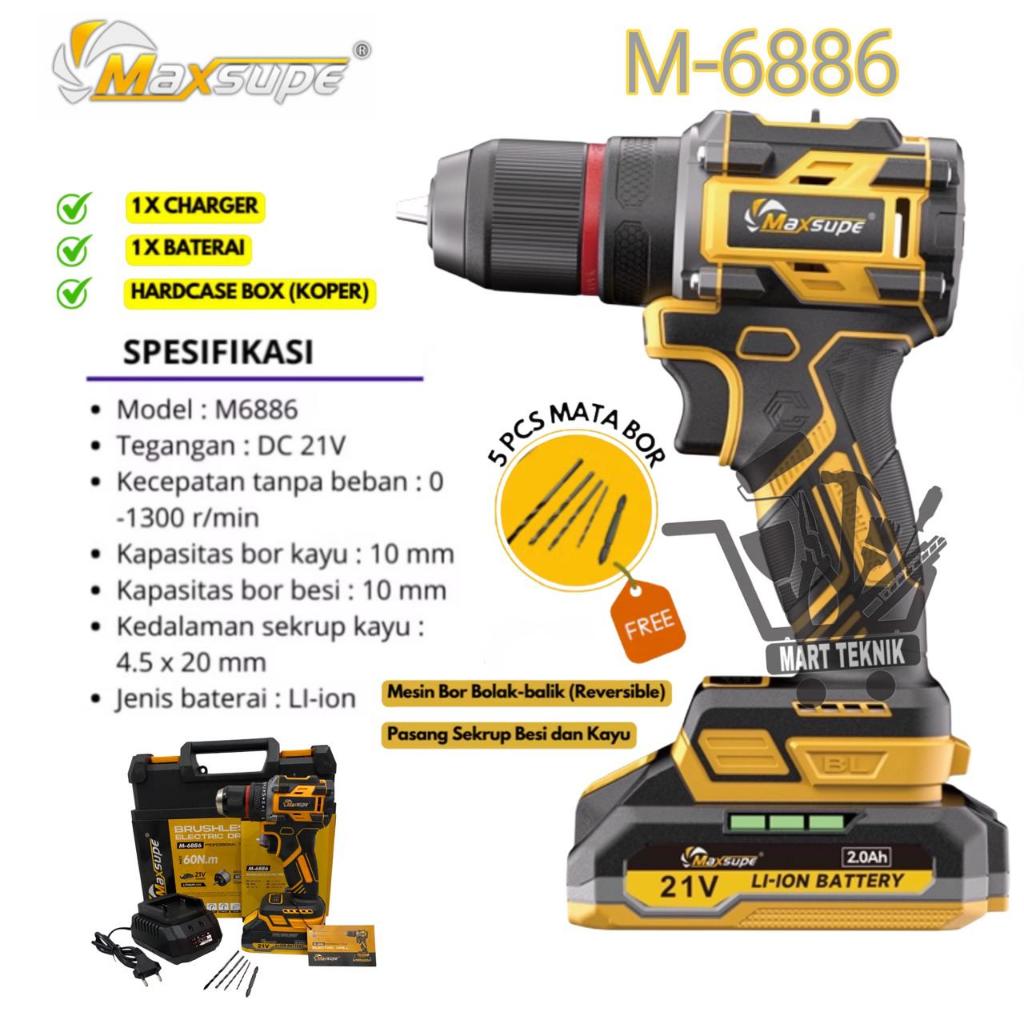 Jual Maxsupe M-6886 Mesin Bor Baterai Brushless 10mm 21V 2.0Ah Bor Cas ...