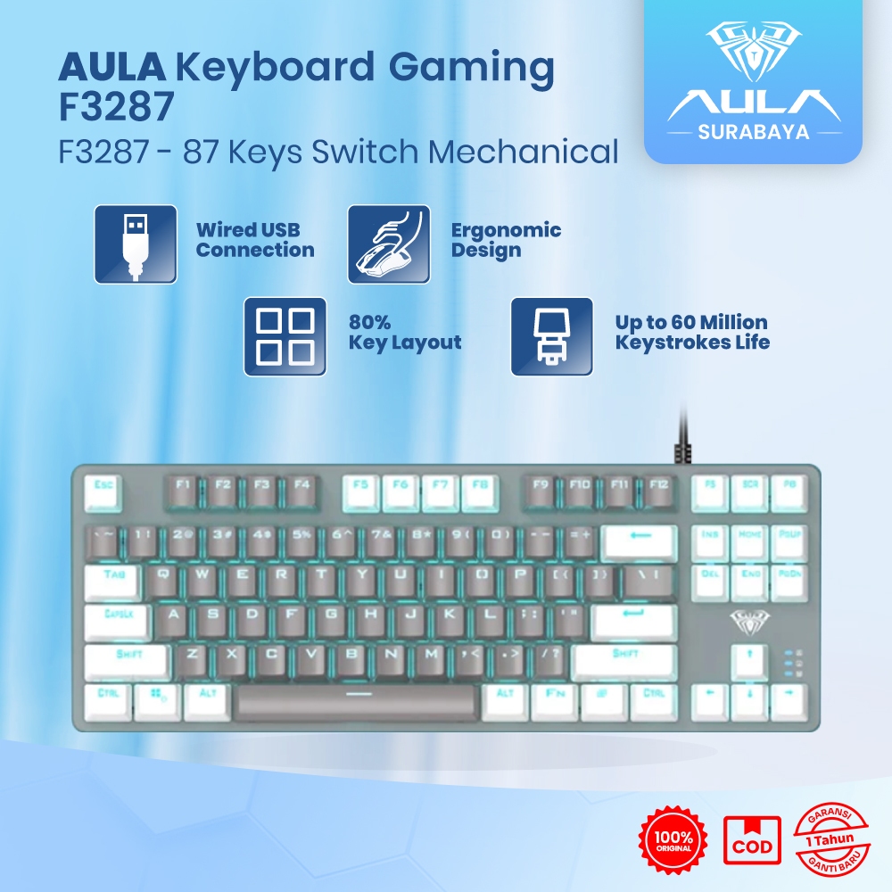 Jual Keyboard Gaming F3287 AULA Mechanical 87 Keys Switch Mechanical ...
