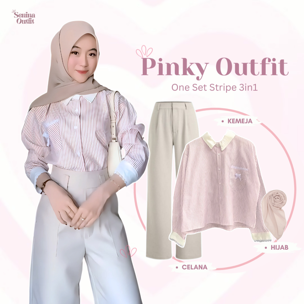 Jual One Set Hijab OOTD 3 in 1 ( Kemeja Salur + Celana + Jilbab ...