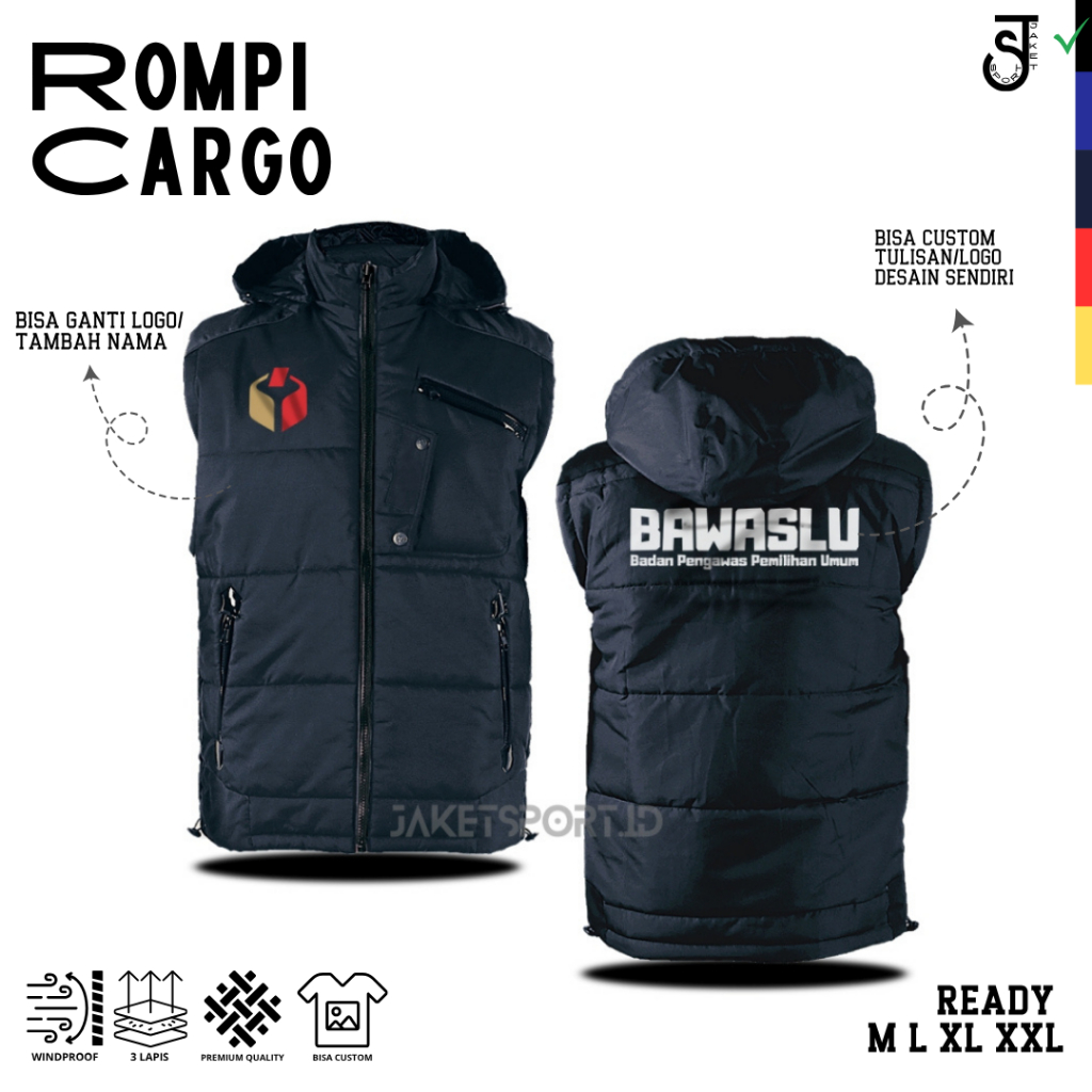 Jual ROMPI BAWASLU CUSTOM 2024 / JAKET VEST BAHAN PARASUT SEMI WF ...