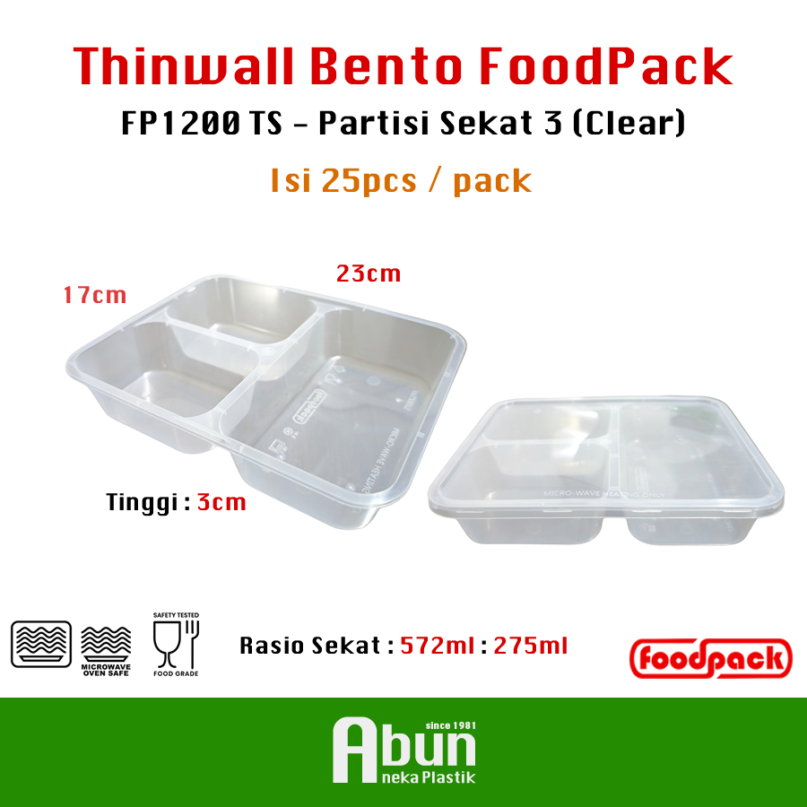 Jual Thinwall Bento Sekat 3 FP1200TS Foodpack Isi 25pcs | Shopee Indonesia