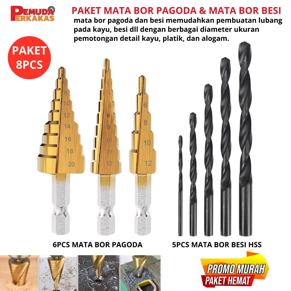 Jual Paket Mata Bor Besi Hss 8 Pcs Step Drill Dril Mata Bor Pagoda Besi ...