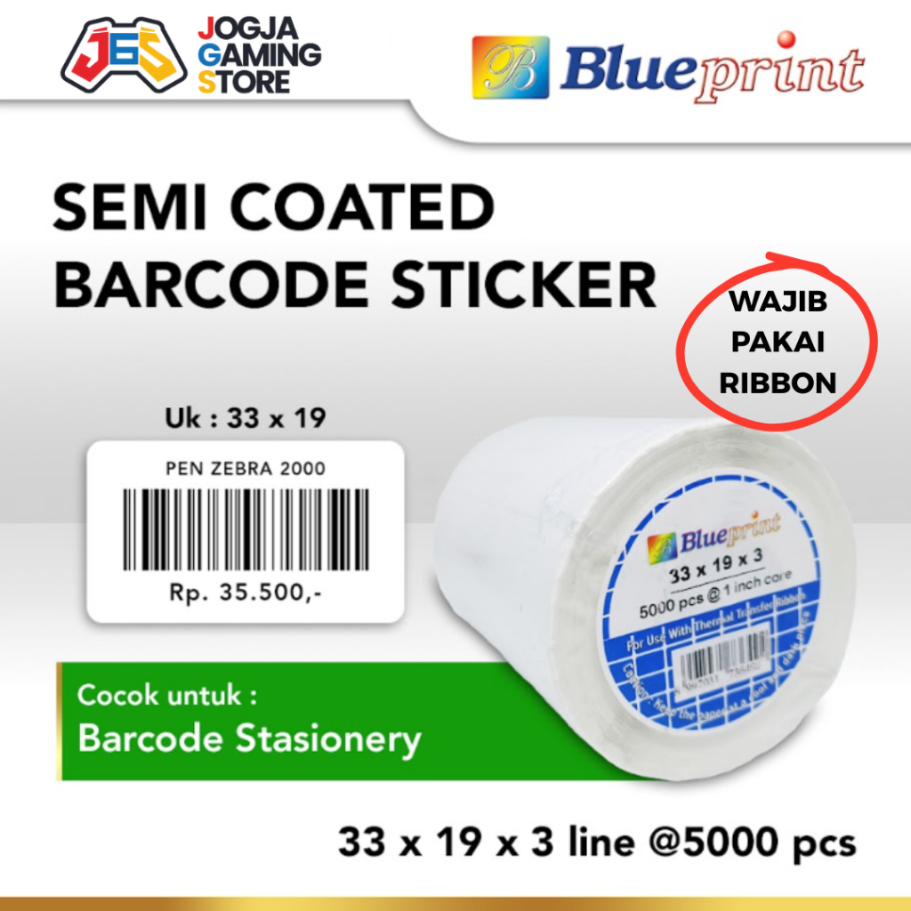 Jual STICKER LABEL BARCODE SEMICOATED BLUEPRINT 33x19x3 Lines 5000pcs ...
