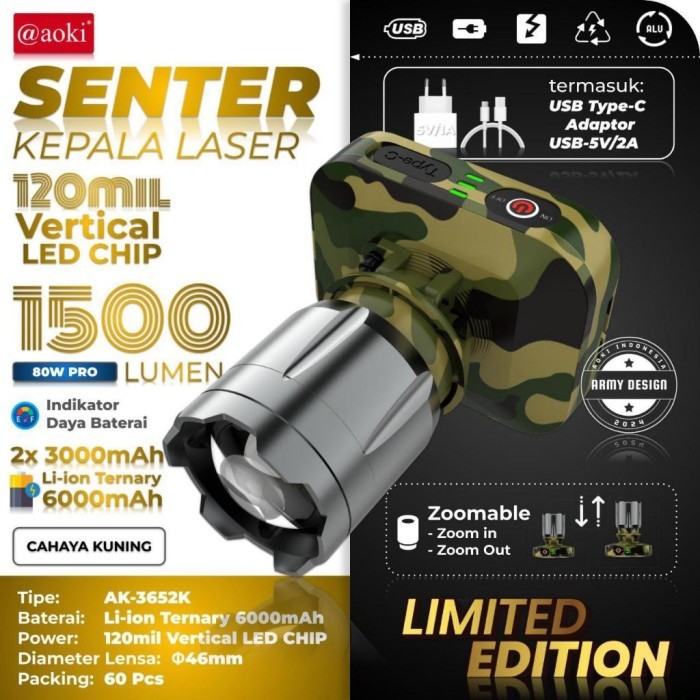 Jual Senter Kepala LED Zoom Laser 80 Watt 1500 Lumen Aoki AK-3651A/AK-3652K Army PRO Cahaya ...