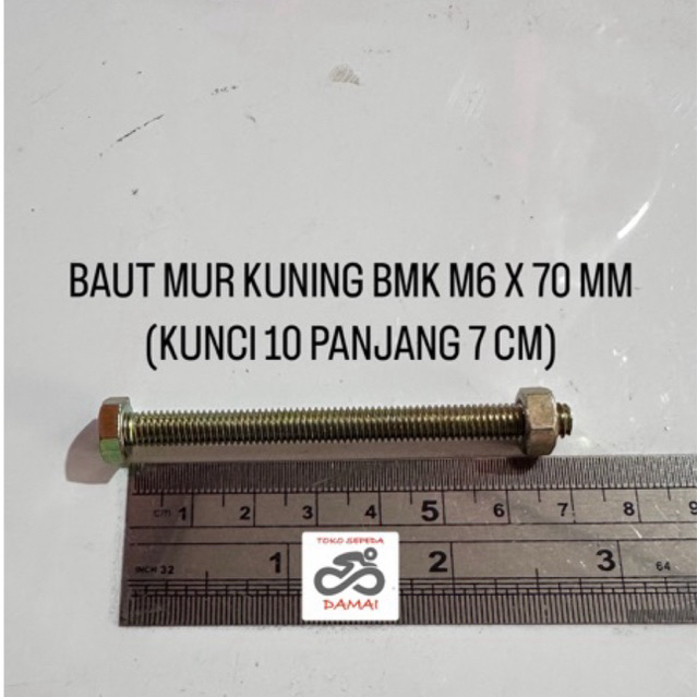 Jual BAUT + MUR KUNING BMK M6 X 70 MM (KUNCI 10 PANJANG 7 CM) | Shopee Indonesia