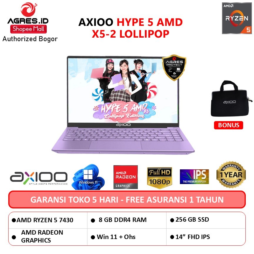 Jual AXIOO HYPE 5 AMD X5-2 LOLLIPOP RYZEN 5 7430 8GB 256GB W11 14.0FHD IPS | Shopee Indonesia