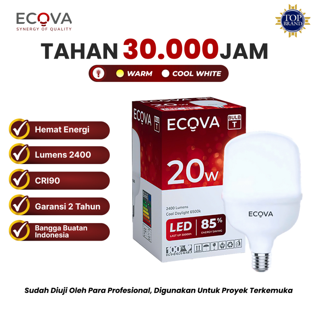 Jual Ecova - Lampu T Bulb LED | Lampu Bohlam Terang Hemat 6500K Cool Daylight Putih | 20 Watt ...