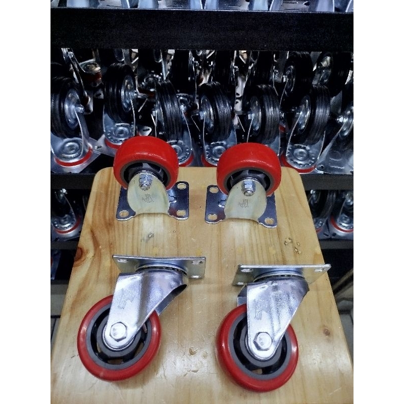 Jual RKS - Roda 3" inch PU Merah Double bearing 1set ( 4pcs ) ( 2 Hidup ...