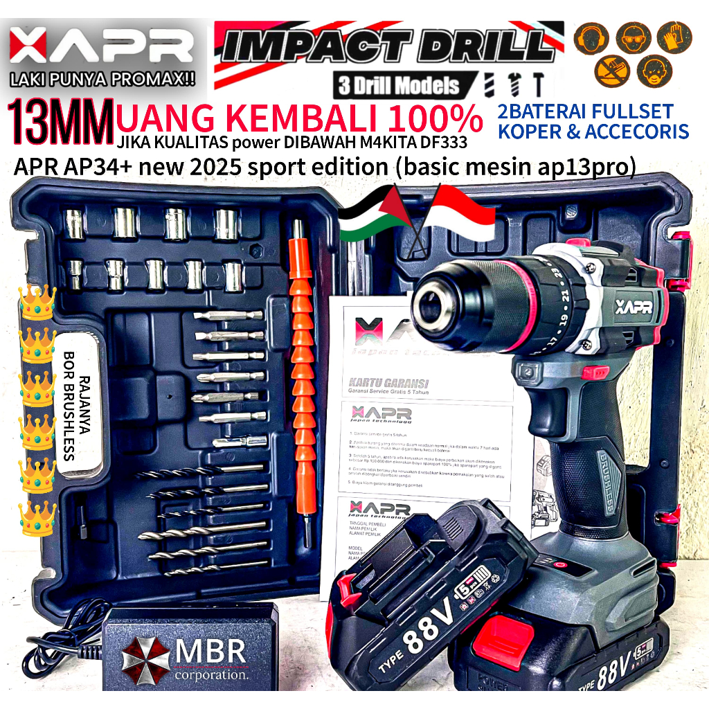 Jual APR JAPAN AP34+ Bor Cordless Impact Drill 3 Mode Bor Baterai 88V ...