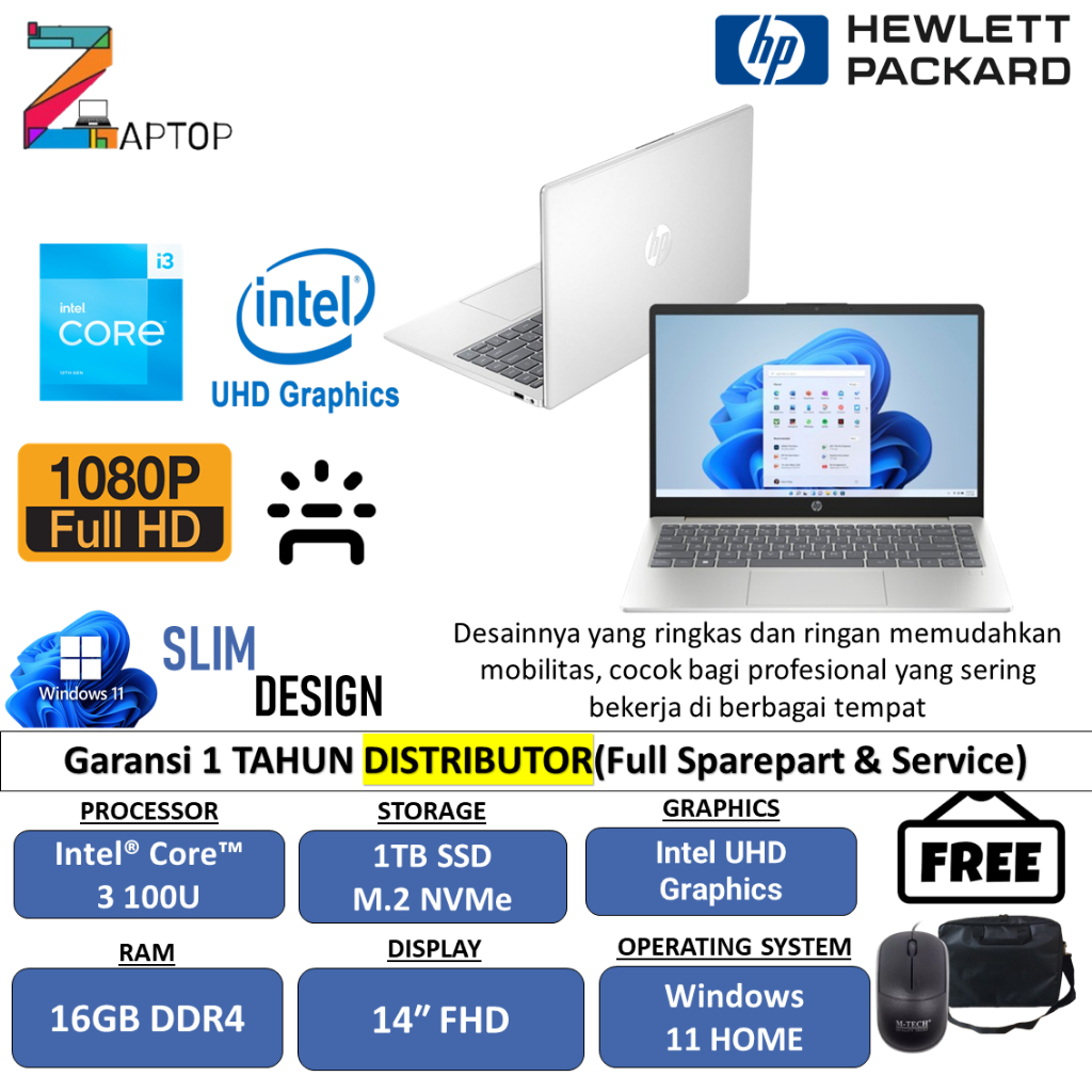 Jual Laptop HP 14 Intel Core 3 100U 16GB 1TB SSD Full HD Windows 11 ...