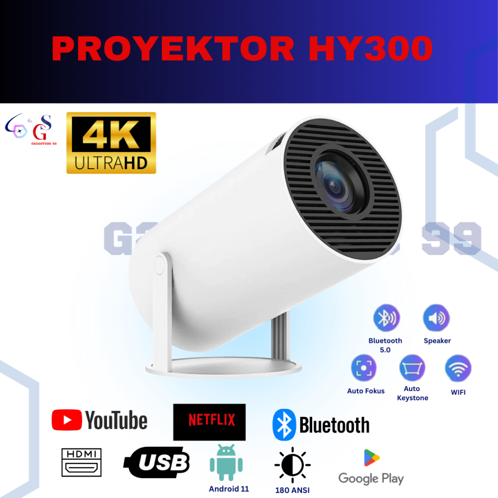Jual GS - SMART PROYEKTOR HY300, PROJEKTOR SMART ANDROID 11 NETFLIX ...