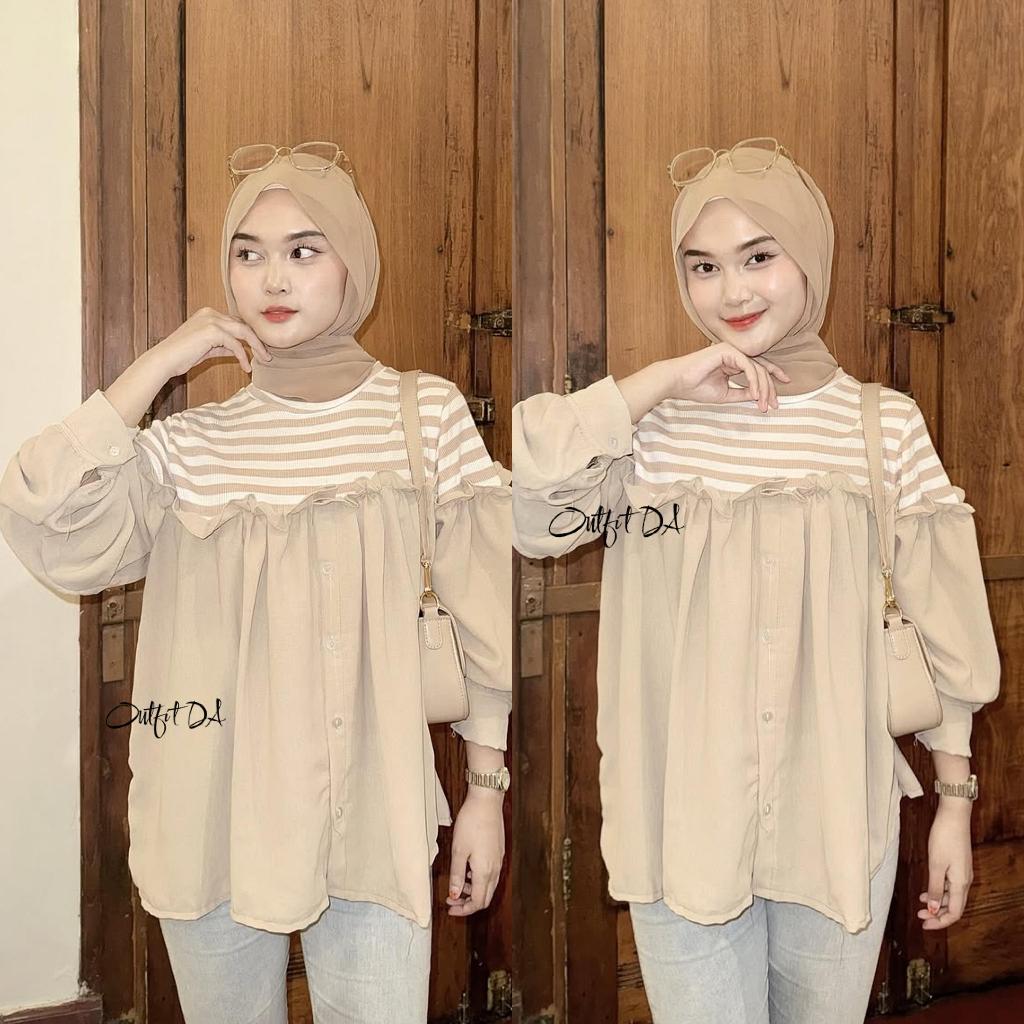 Jual SASHA BLOUSE - Atasan Blouse Crincle Mix Stripe Rib Knit Kancing ...