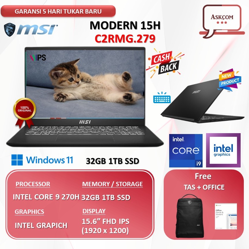 Jual MSI MODERN 15H CORE 9 270H 32GB 1TB W11 OHS21 15.6FHD IPS BLIT ...