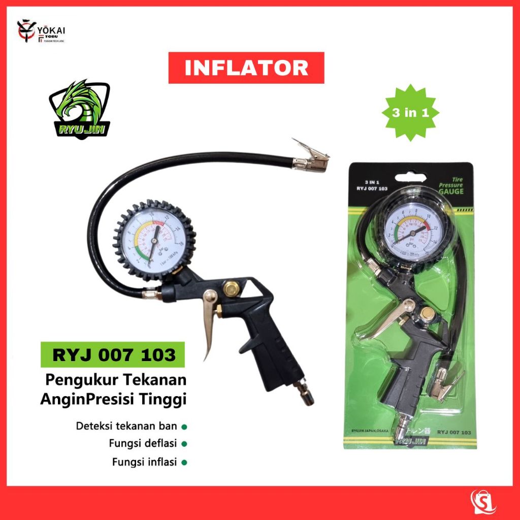 Jual RYUJIN Tire Inflator Air Pressure Gun Isi Ukur Tekanan Angin 3 in ...