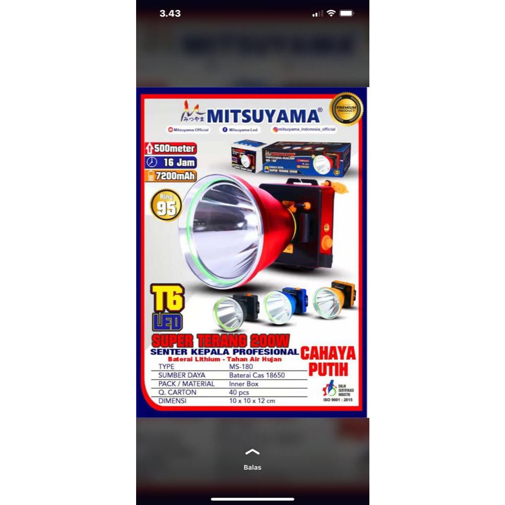Jual Senter Kepala Mitsuyama Body Full Besi 200Watt Cahaya Putih MS-180P | Shopee Indonesia