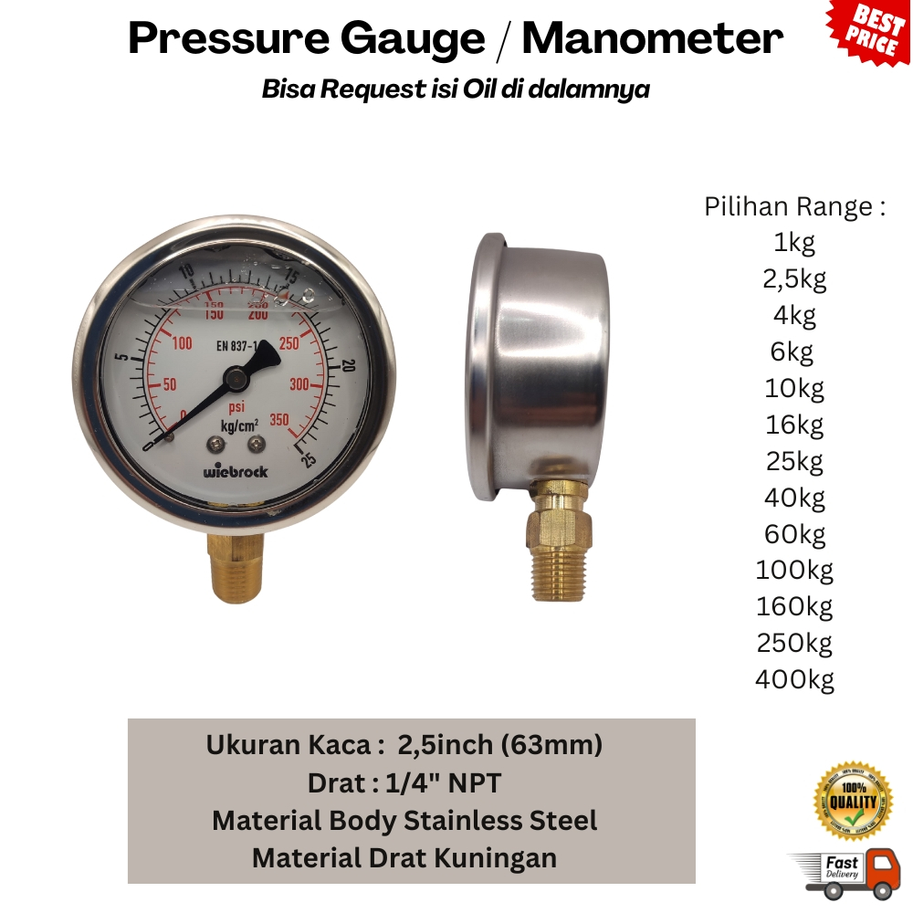 Jual Pressure Gauge Wiebrock 2,5" Inch Stainless Manometer drat 1/4 (Oil Filled Presure Gauge ...