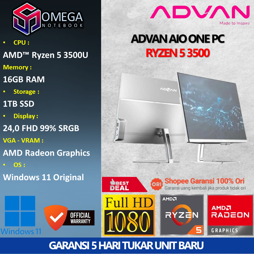 Jual PC ADVAN ALL IN ONE PC Ryzen 5 3500 16GB 1TB SSD Radeon 24,0" FHD 99% SRGB Windows 11 ...