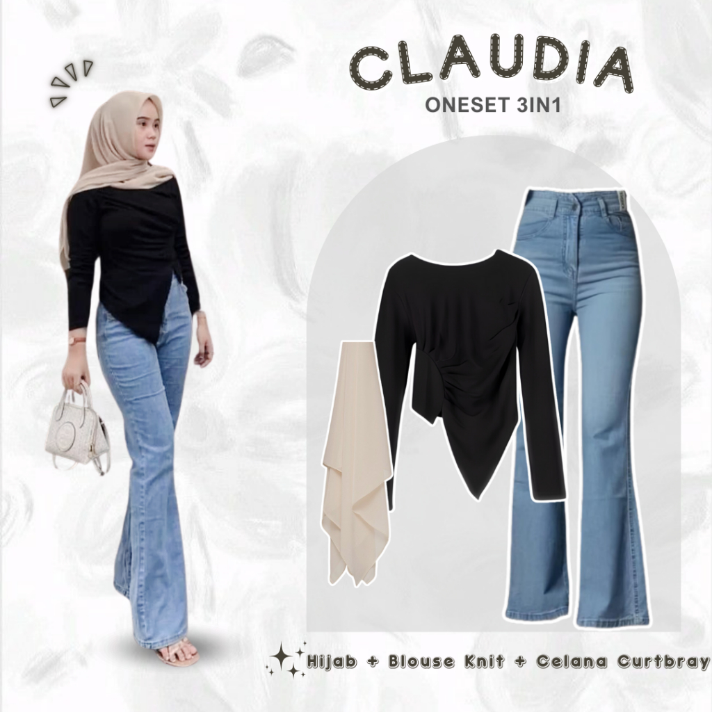 Jual CLAUDIA Oneset 3in1 ( Celana Cutbray Jeans + Blouse Knit + Bella Square ) Ide Outfit Hijab ...