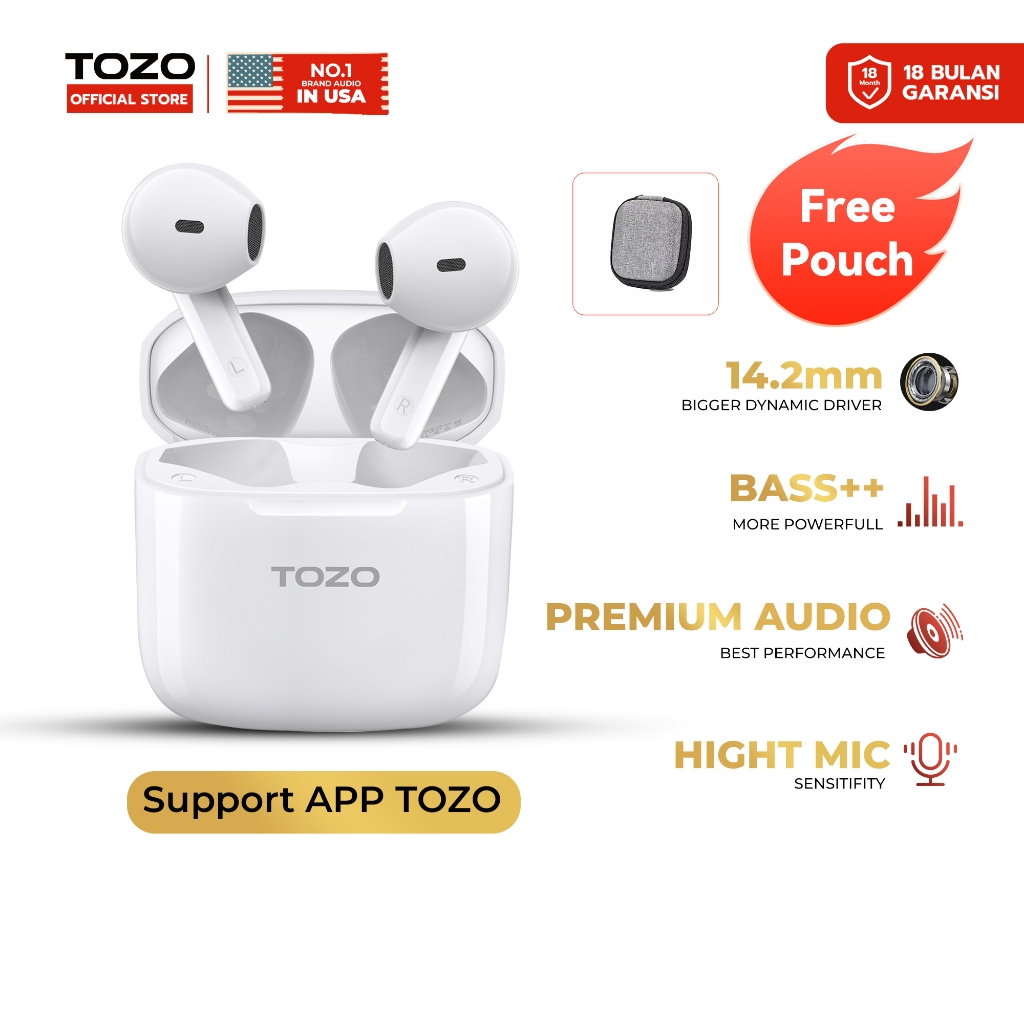 Jual (Super Bass )TOZO A3 Wireless Headset Bluetooth Half in-Ear Comfortable to Wear Lightweight ...