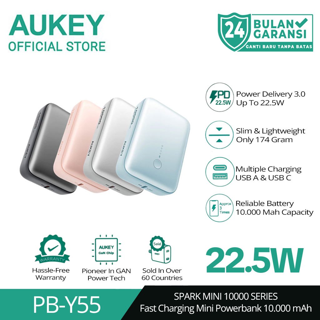 Jual AUKEY Mini Powerbank 10000 mAh 22.5 W Fast Charging Type C & USB A ...