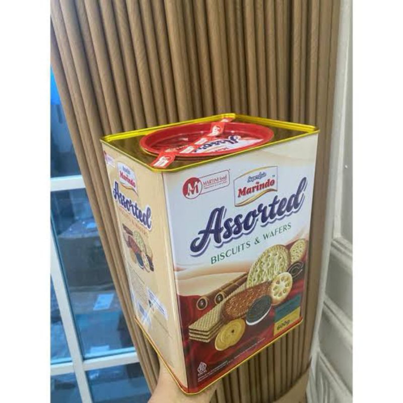 Jual Marindo Assorted Biskuit & Wafer 600gr Kaleng Segi [ 1 Karton 6 ...